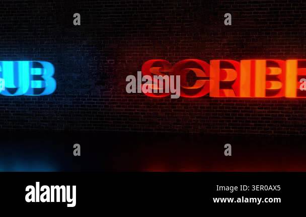 Subscribe appears in blue and orange neon letters, brick wall behind ...