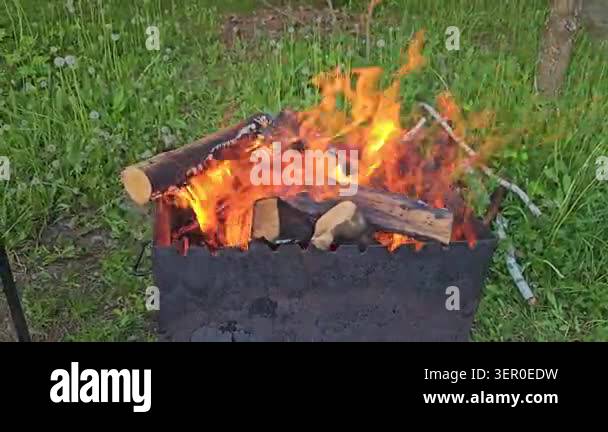 Wood logs burn inside two compact metal grills standing on green grass ...