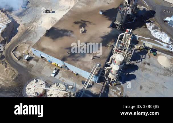 Overhead view of a wood products plant with a wheel loader moving ...