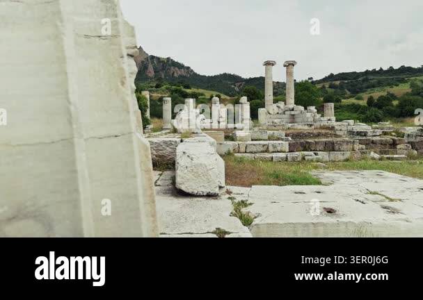 Majestic wide shot of ancient Ionic columns at the historic Temple of ...