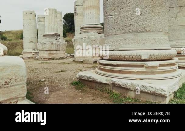 Majestic wide shot of ancient Ionic columns at the historic Temple of ...
