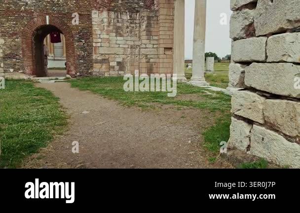 Majestic low angle shot of the ancient Roman Gymnasium ruins at the ...