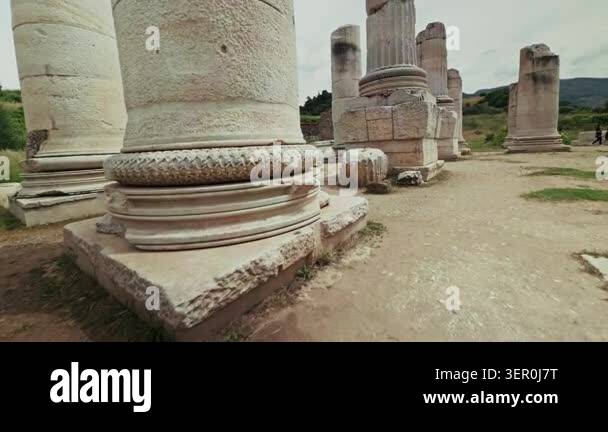 Majestic wide shot of ancient Ionic columns at the historic Temple of ...