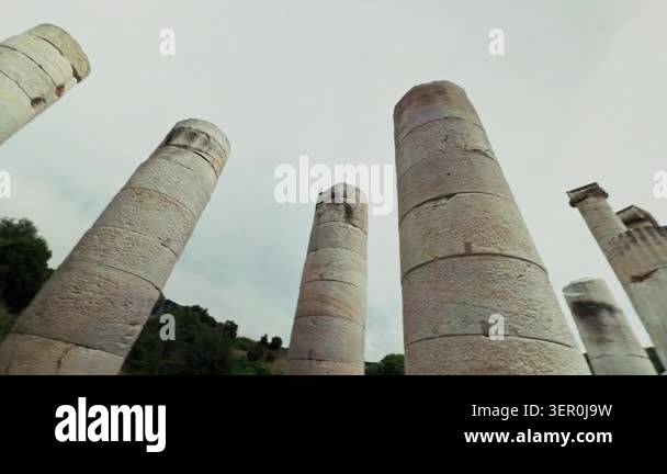 Majestic wide shot of ancient Ionic columns at the historic Temple of ...