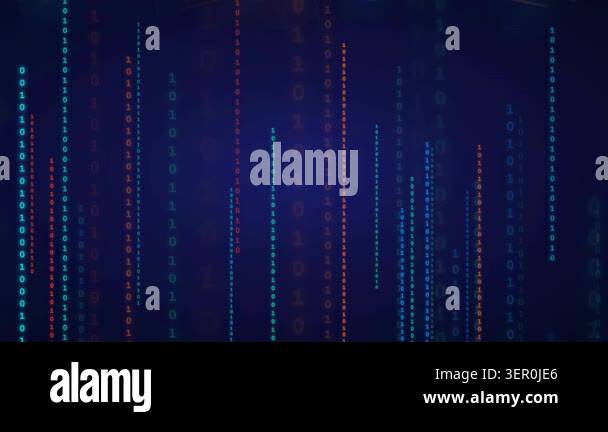 Abstract Digital Binary Code Rain Falling on Dark Blue Background for ...