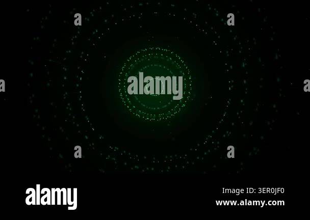 Abstract Green Digital Particle Tunnel with Rotating Concentric Circles ...