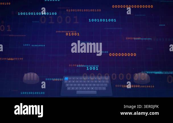 Abstract Digital Binary Code Stream Flowing Across Dark Blue Background ...