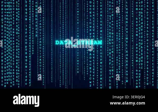 Digital data stream with falling blue binary code and text on dark ...