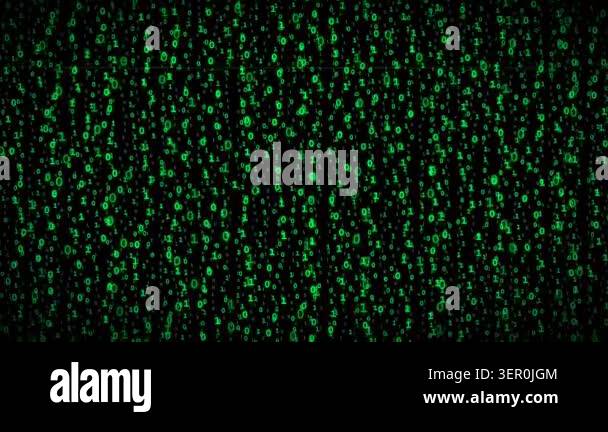 Digital green binary code raining down on a black background for ...