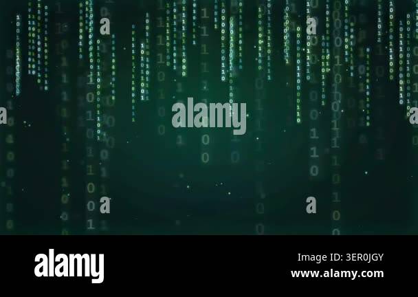 Digital binary code rain falling on a dark green background for ...