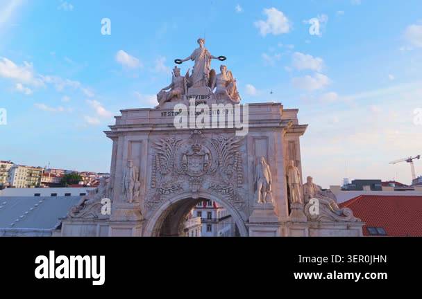 Lisbon City on Sunny Morning. Augusta Street Arch. Portugal. Aerial ...
