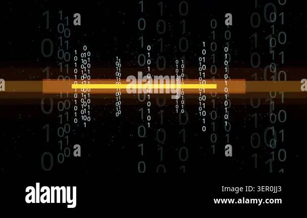 Digital Binary Code Data Stream with Glowing Orange Light Flare on ...