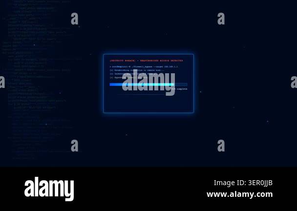 Digital hacking interface with scrolling code and security breach alert ...