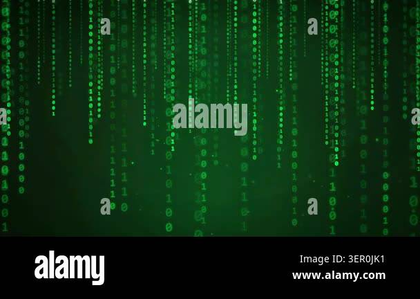 Digital rain of green binary code falling on a dark background for ...