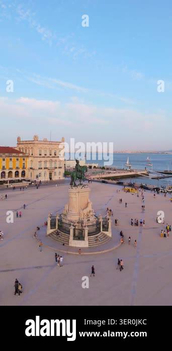 Lisbon City at Sunset. Commerce Plaza, Equestrian Statue, Tourists and ...