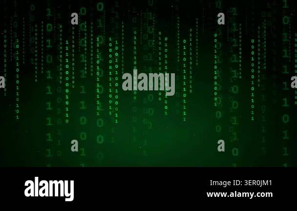 Digital binary code rain falling on dark green background for ...