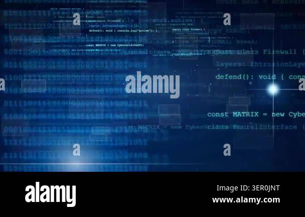 Abstract digital background with scrolling computer code and binary ...