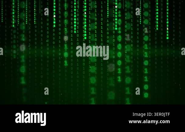 Abstract digital rain of green binary code falling on a dark black ...