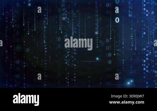 Abstract blue digital rain with falling binary code and glowing ...