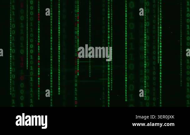 Digital binary code rain falling on black background representing big ...