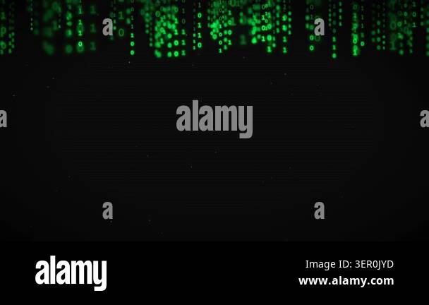 Digital green binary code raining down on a black background for ...