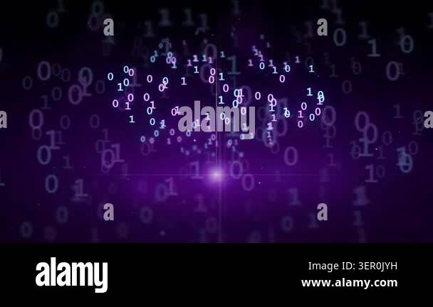 Abstract Digital Binary Code Stream Flowing Through Purple Cyber Space ...