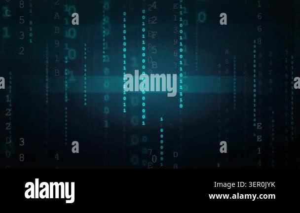 Abstract Digital Data Stream with Falling Binary Code and Glowing Blue ...