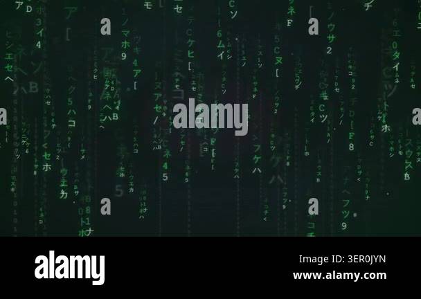 Digital rain of green binary code and characters falling on a dark ...