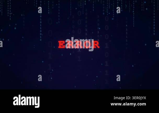 Digital glitch animation with red error text over falling binary code ...