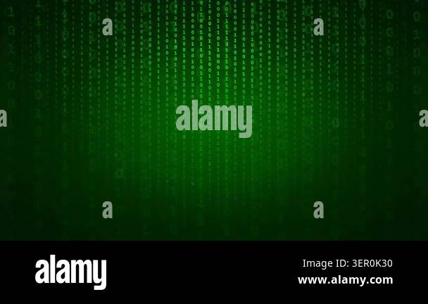 Abstract digital green binary code raining down on a dark background ...