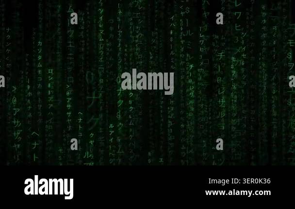 Digital rain of green falling matrix code characters on a black ...