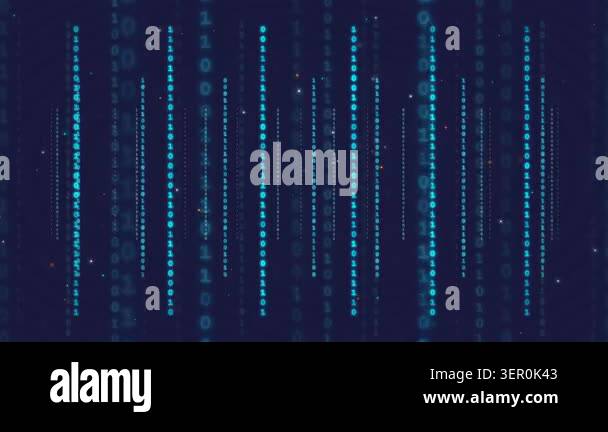 Abstract digital binary code raining down on a dark blue technological ...