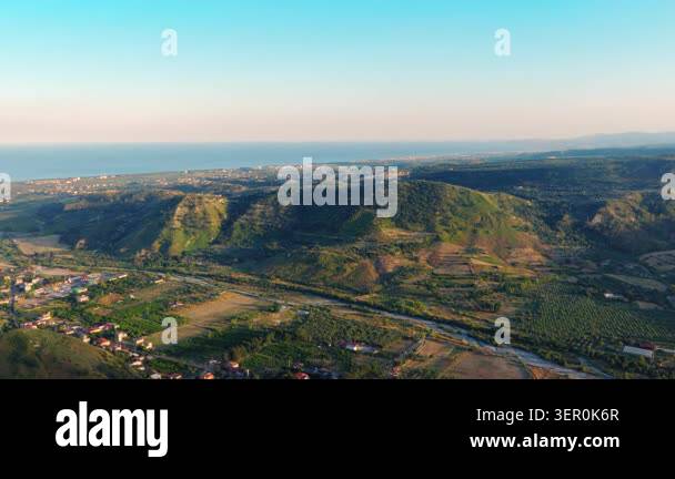 River in summer in Calabria with green hills at Italian, sunset Stock ...