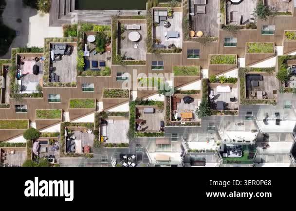 Top down aerial view of a modern, eco friendly residential building ...