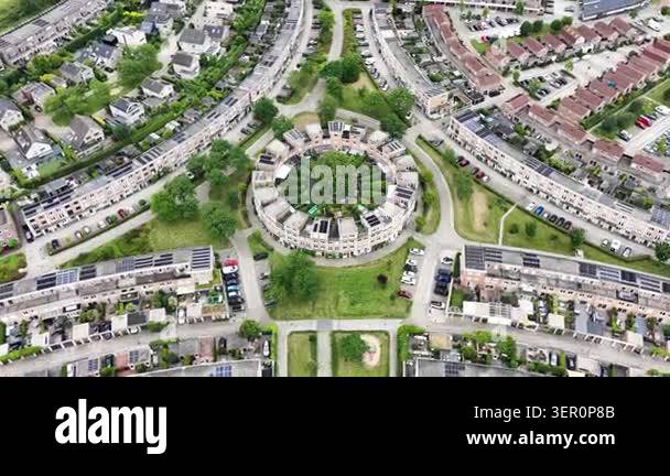 Unique top down aerial view of a circular residential district in the ...