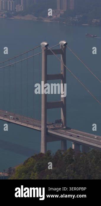 Aerial view of the tsing ma bridge, a significant landmark in hong kong ...