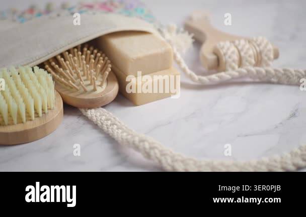 Items for personal care are shown on a marble surface Stock Video ...