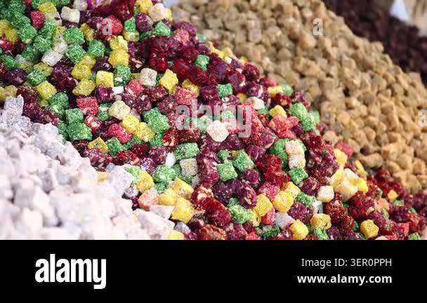 Colorful turkish delight on display at local market in fall Stock Video ...