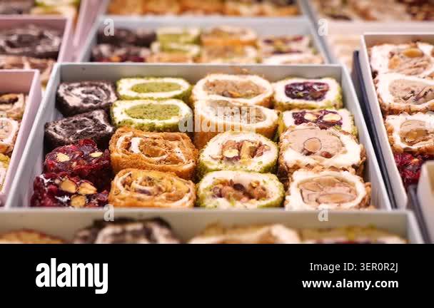 turkish delight displayed in a bakery shop on a sunny day Stock Video ...