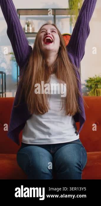 Money cash dollar rain falling on woman celebrating success, winning ...