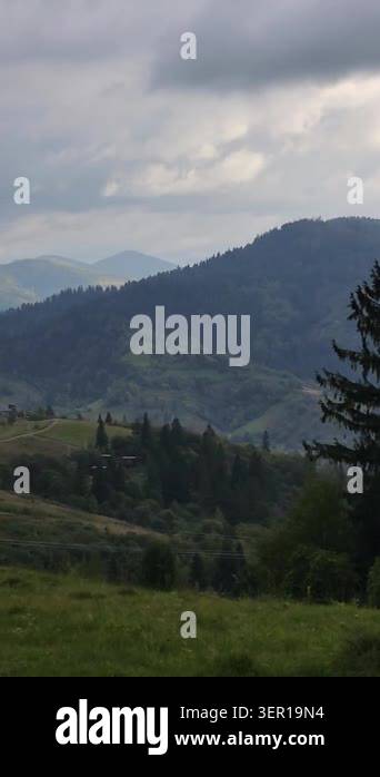 a beautiful view of a green field with trees and a cloudy background ...