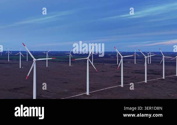 Many wind turbines are set in a large field. The scene shows the ...