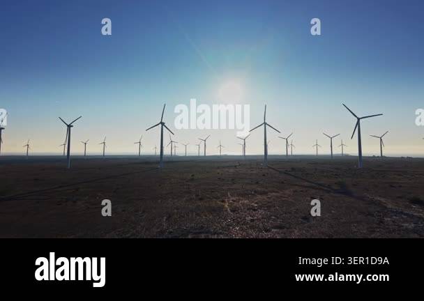 Wind turbines spin in a field under clear sky. The sun shines brightly ...