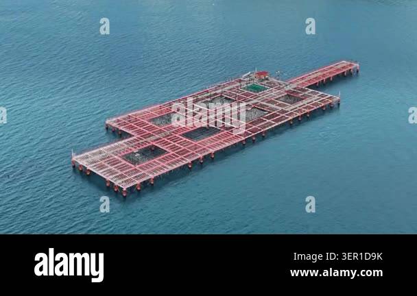 A farming platform sits in clear blue water, supporting the cultivation ...