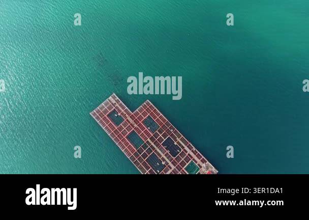 Workers manage a mussel farming platform in the ocean under clear skies ...