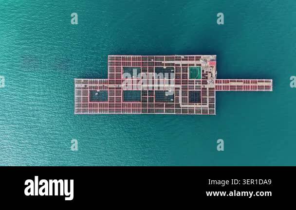 A mussel farming platform floats on the ocean, featuring several ...