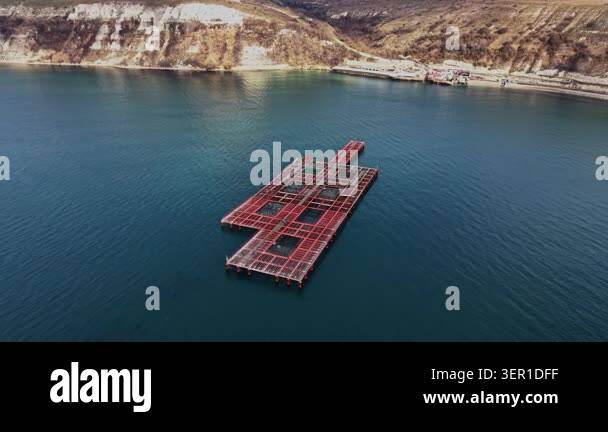 Mussel farming takes place on a large platform on the water. This ...