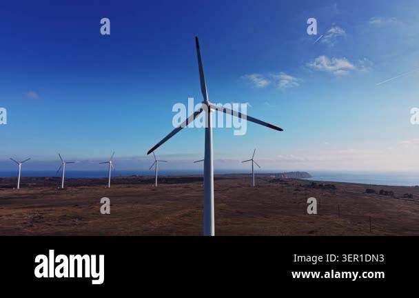 Wind turbines tower above an open field near the coast. The blue sky ...