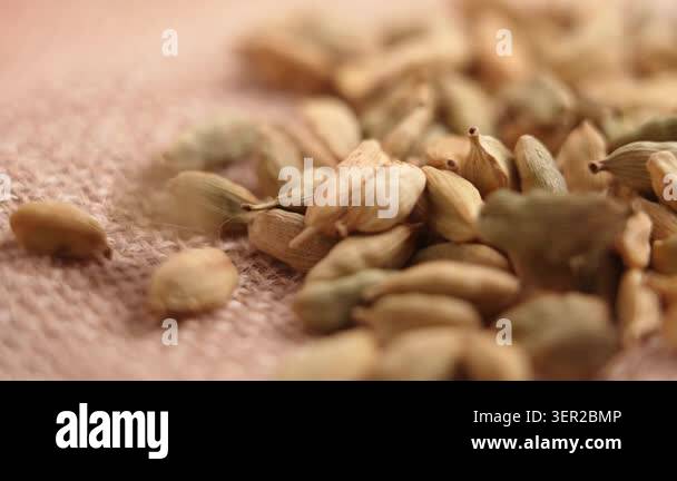 Organic cardamom pods falling on natural burlap fabric in a close up ...