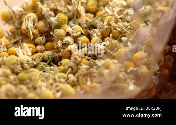Organic chamomile flowers in transparent plastic pack. Ayurveda ...